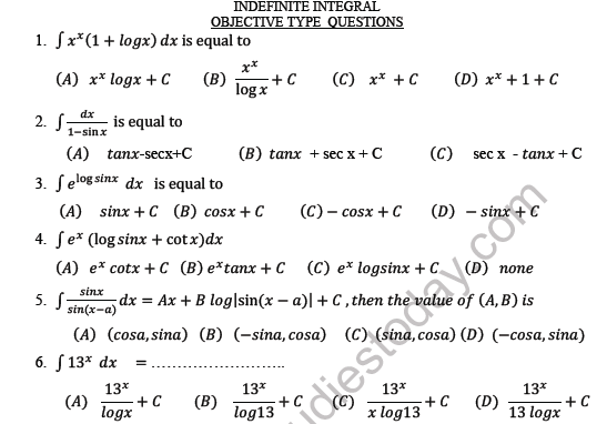 CBSE Class 12 Mathematics Indefinite and Definite Integrals MCQs with Answers